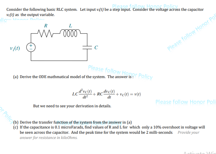 Solved Consider the following basic RLC system. Let input | Chegg.com