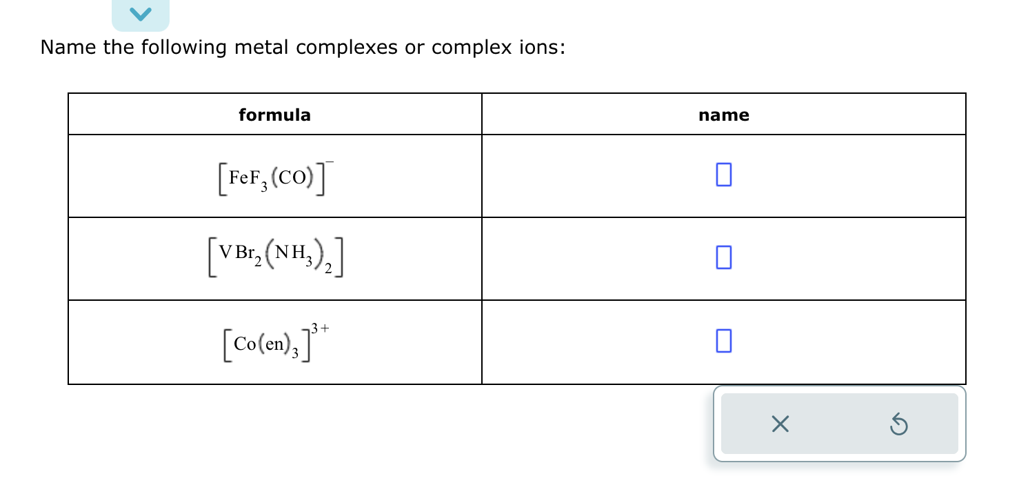 Solved Name the following metal complexes or complex ions: | Chegg.com