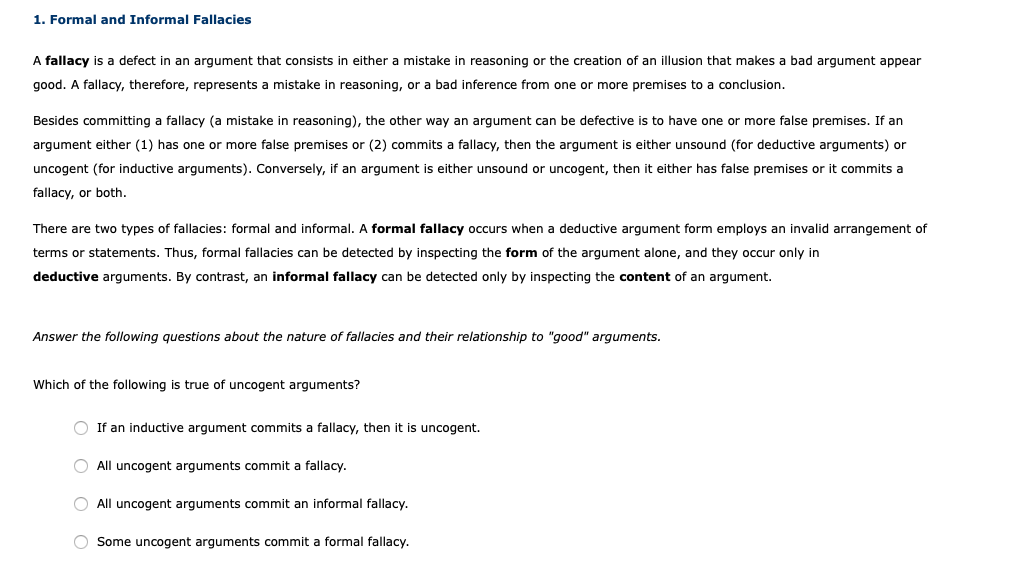 Solved 1. Formal and Informal Fallacies A fallacy is a | Chegg.com