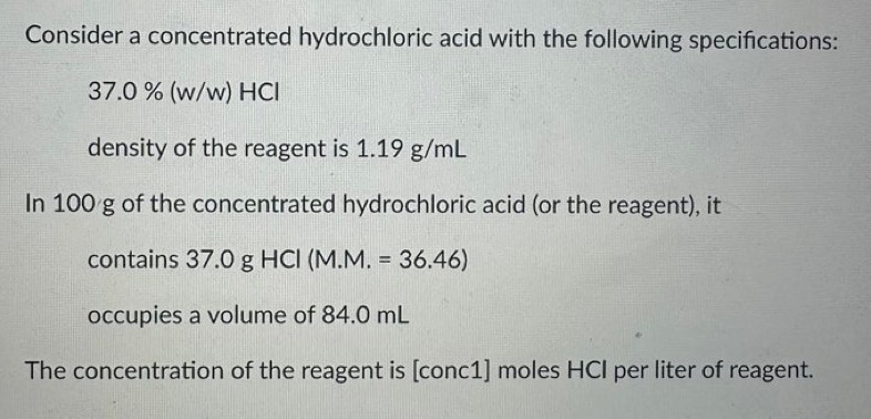 Solved Consider a concentrated hydrochloric acid with the | Chegg.com