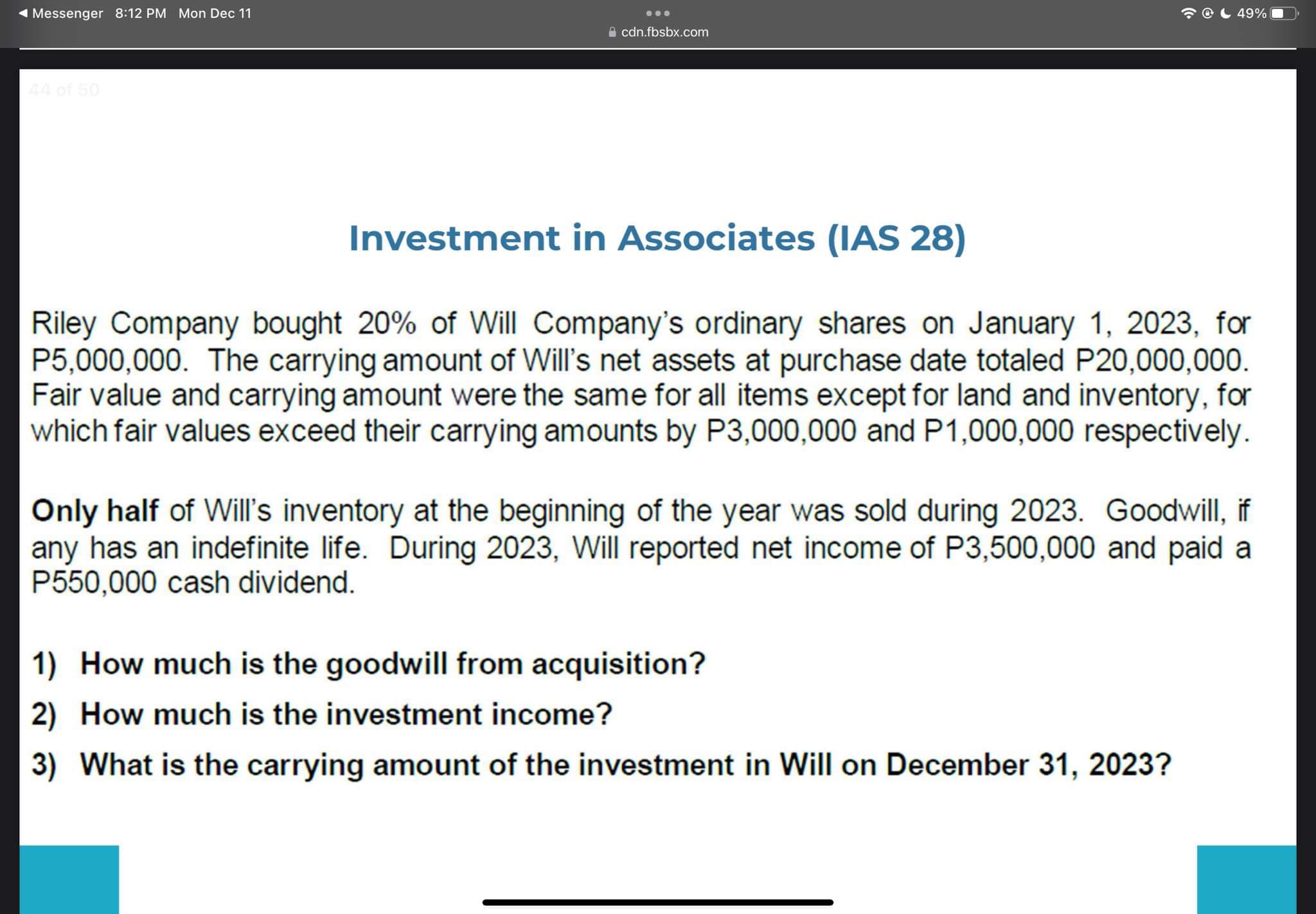 Investment in Associates (IAS 28) Riley Company | Chegg.com