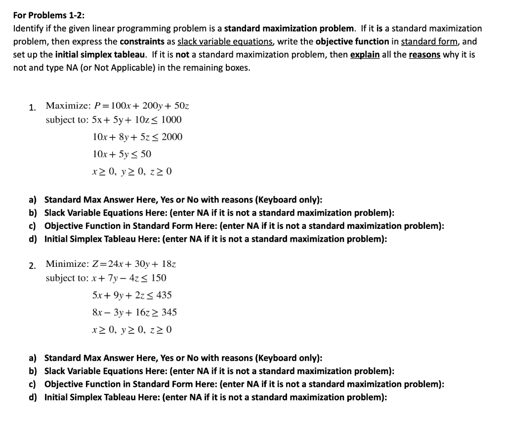 Solved For Problems 1-2: Identify if the given linear | Chegg.com