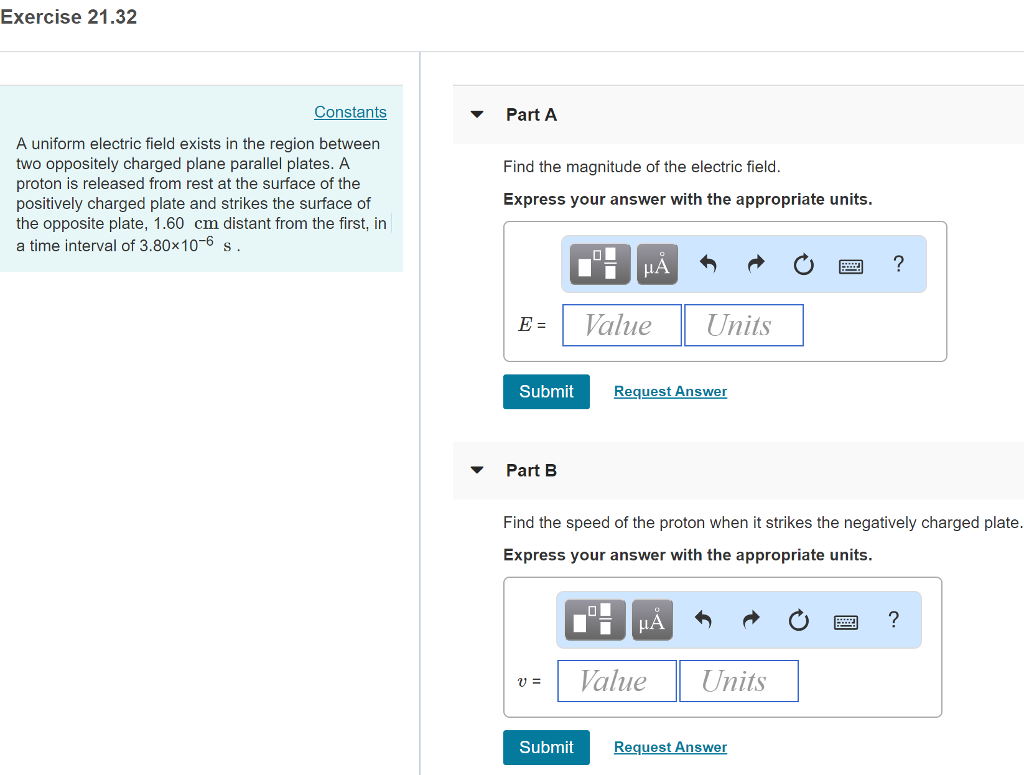 Solved Exercise 21.32 Part A Constants A uniform electric | Chegg.com