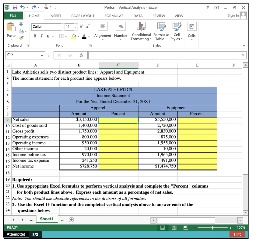 Solved x H 5 Perform Vertical Analysis - Excel ? 1 Х FILE | Chegg.com