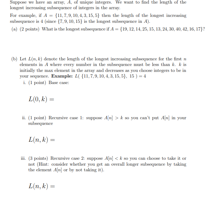 Solved Suppose we have an array, A, of unique integers. We | Chegg.com