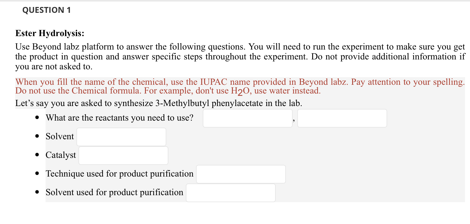Solved QUESTION 1 Ester Hydrolysis: Use Beyond labz platform | Chegg.com