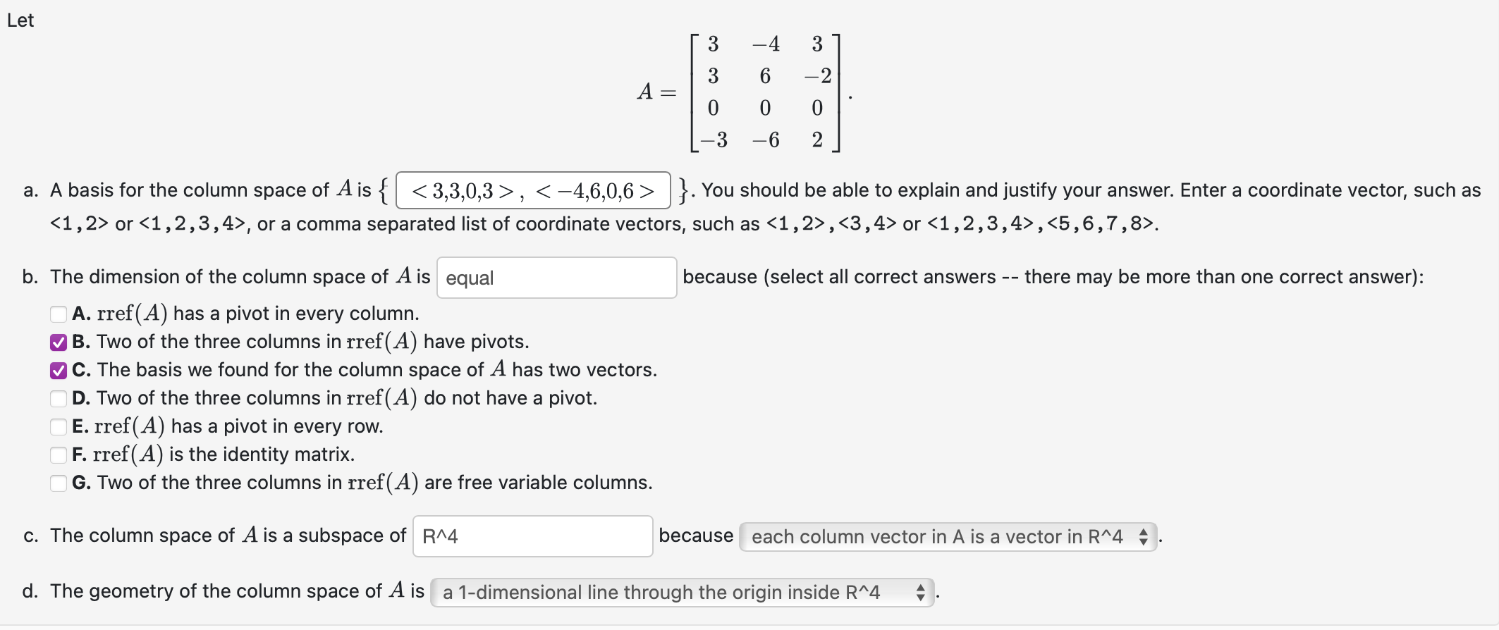 Solved LetA=[3-4336-2000-3-62]a. ﻿A basis for the column | Chegg.com