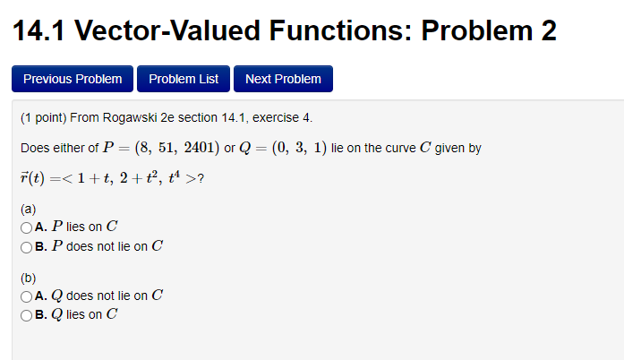 Solved 14.1 Vector-Valued Functions: Problem 2 (1 point) | Chegg.com