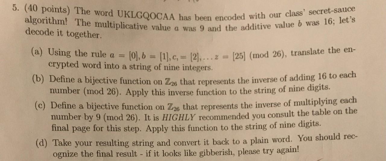 Solved 5. (40 points) The word UKLGQOCAA has been encoded | Chegg.com