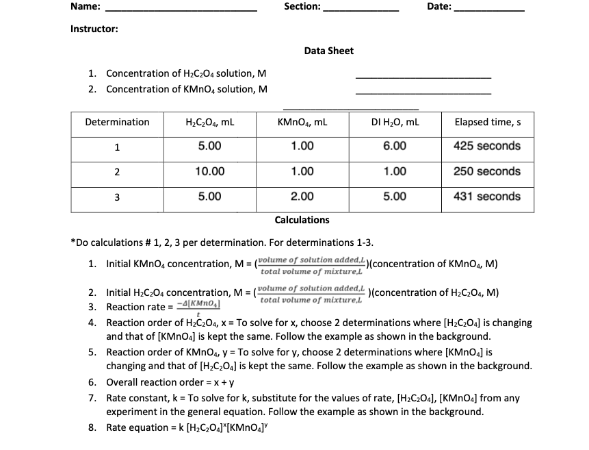 Solved Name: Section: Date: Instructor: Data Sheet 1. | Chegg.com