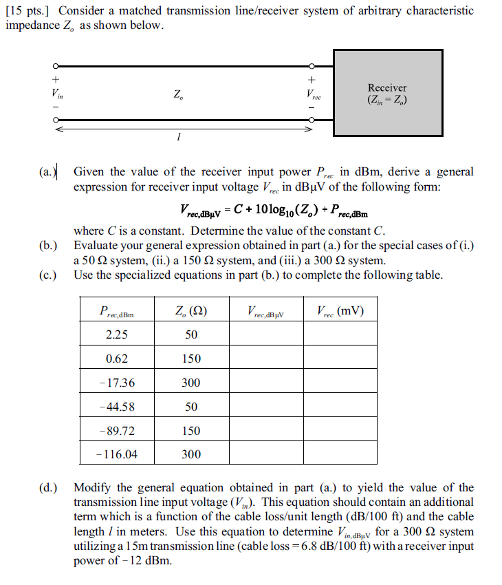 [15 pts.] Consider a matched transmission | Chegg.com