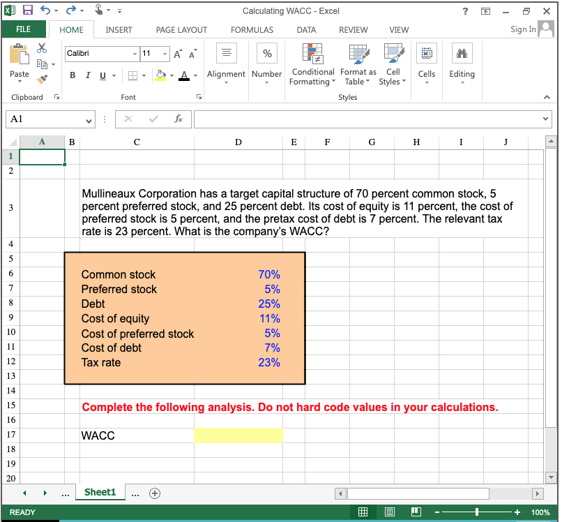 Solved x] 1 Calculating WACC - Excel ? - FILE HOME INSERT | Chegg.com