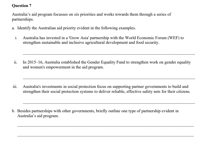 Solved Question 7 Australia's aid program focusses on six | Chegg.com