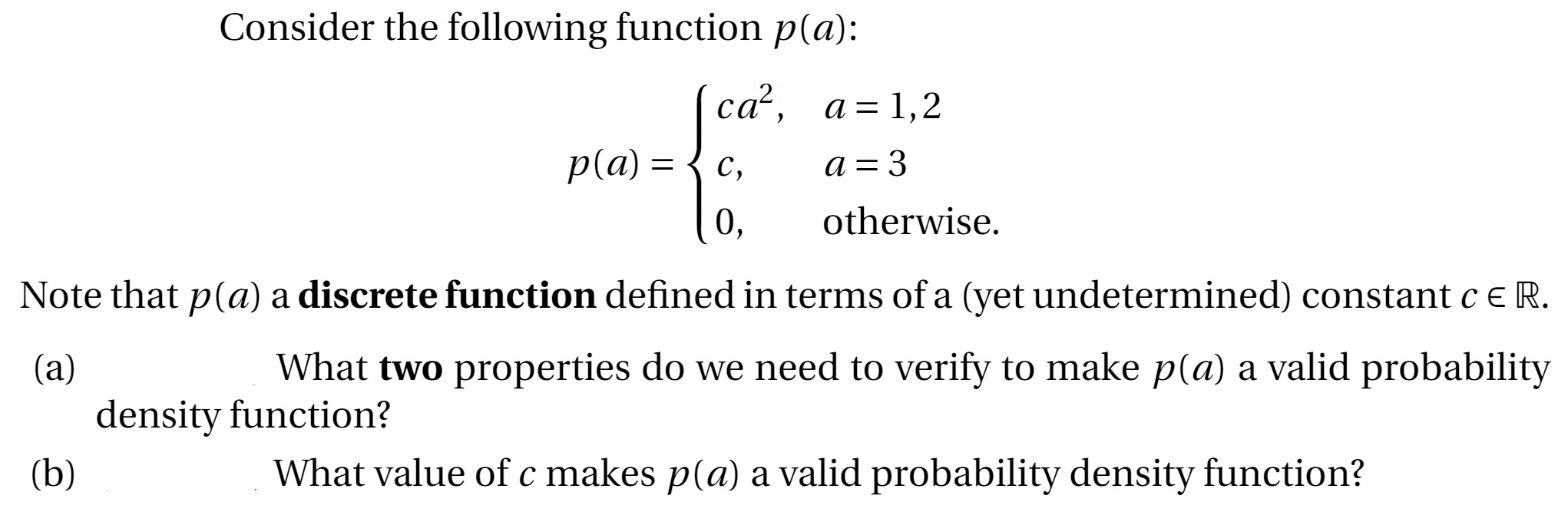 Solved Consider the following function p(a): са, Secr. a 1,2 | Chegg.com
