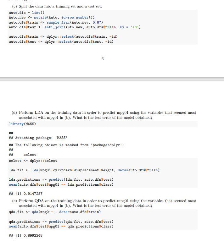 Part 2: Auto dataset revisited We also used the auto | Chegg.com