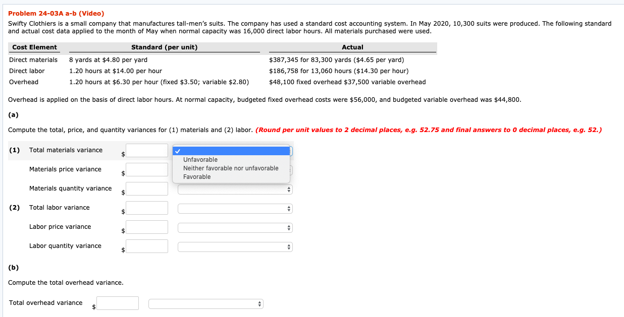 Solved Problem 24-03A a-b (Video) Swifty Clothiers is a | Chegg.com