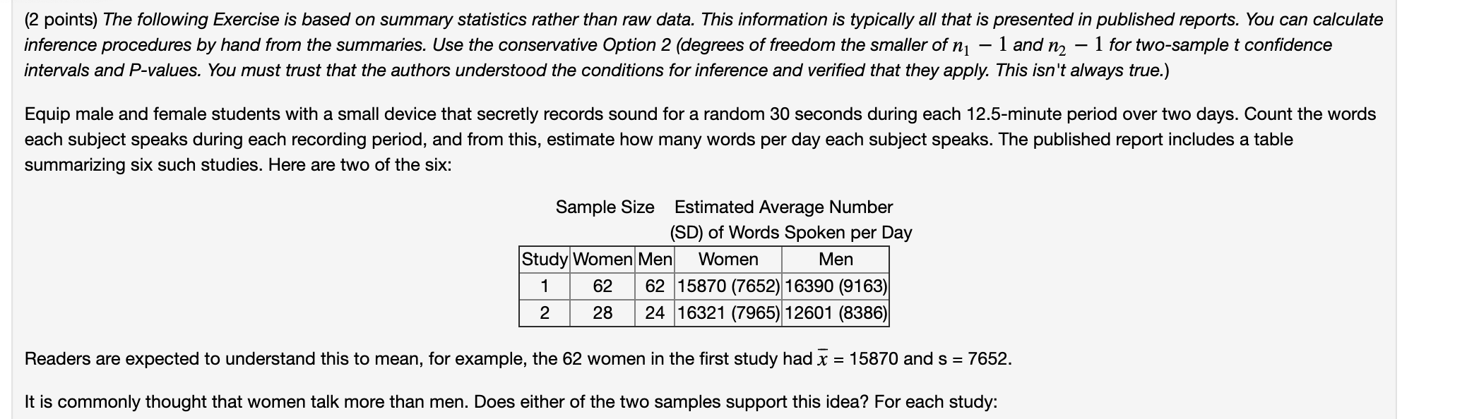 Solved (2 points) The following Exercise is based on summary | Chegg.com