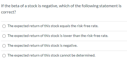 Solved If the beta of a stock is negative, which of the | Chegg.com