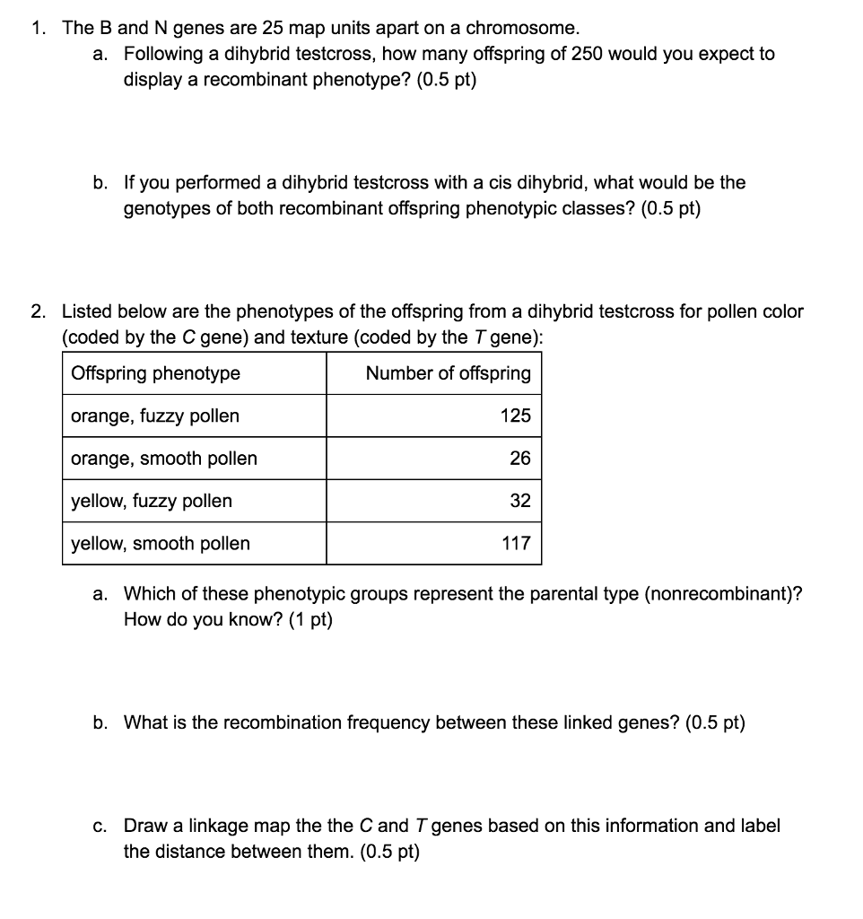 Solved 1. The B and N genes are 25 map units apart on a | Chegg.com