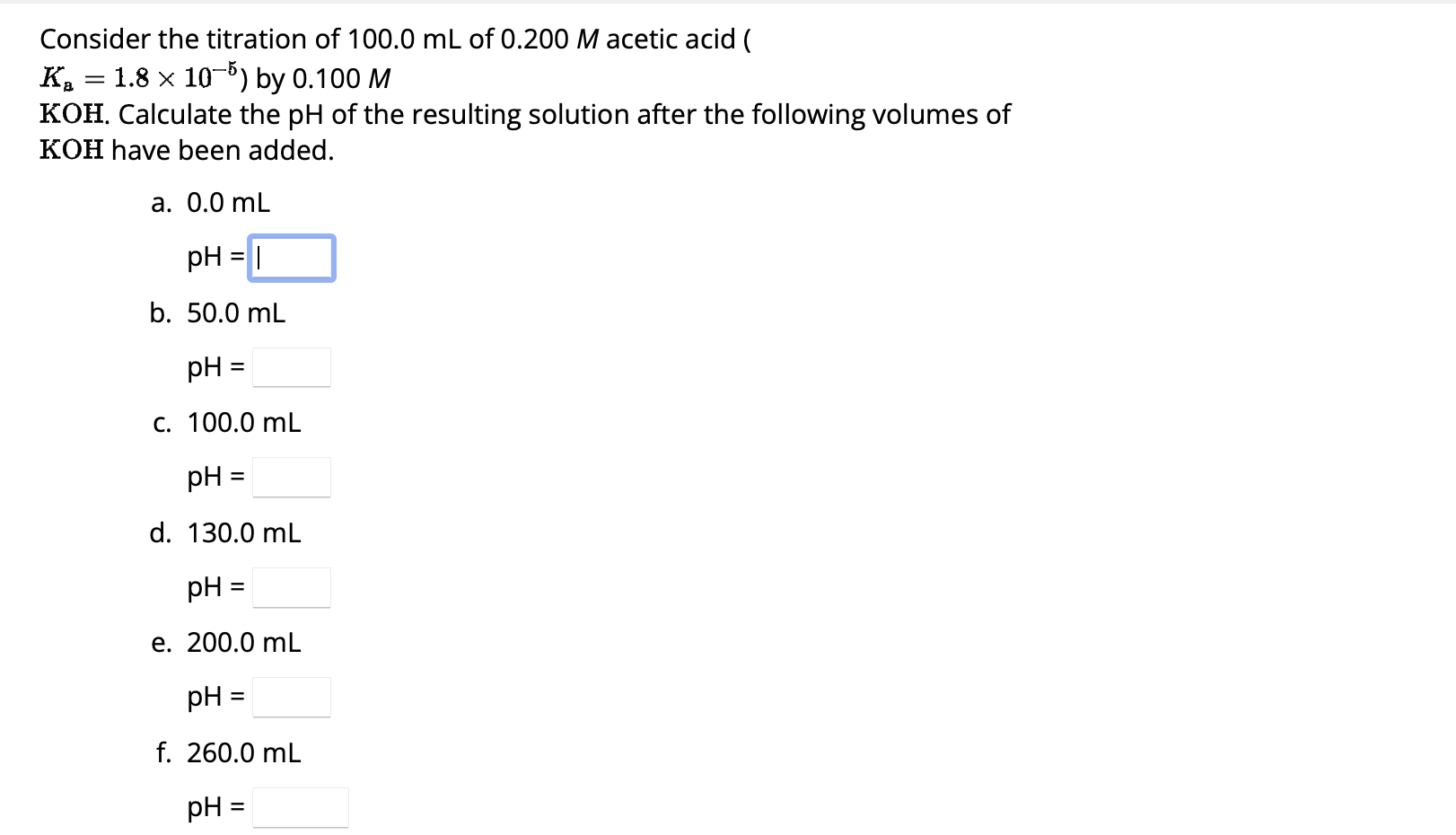 Solved Consider the titration of 100.0 mL of 0.200M acetic | Chegg.com