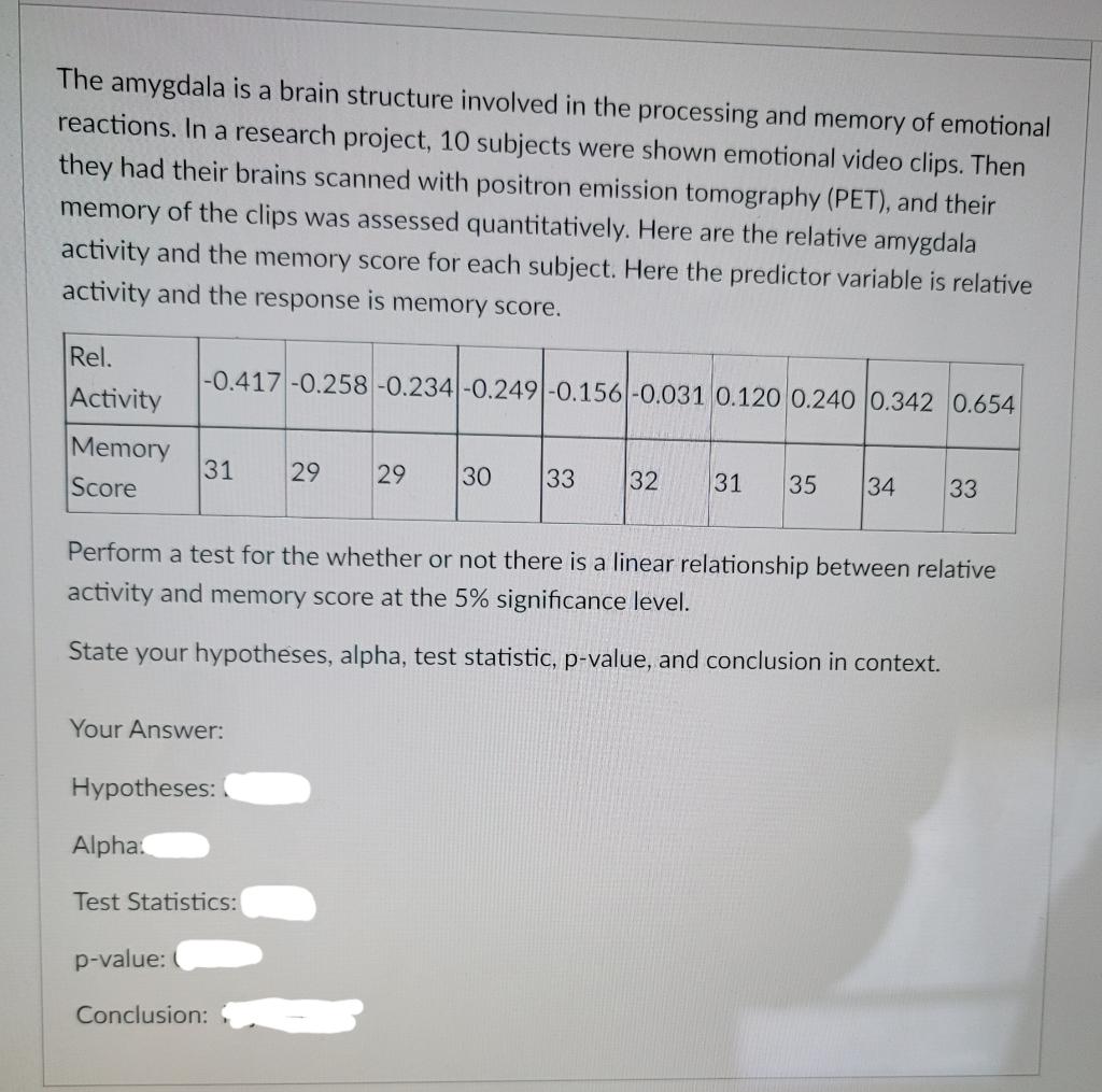 Solved The amygdala is a brain structure involved in the | Chegg.com