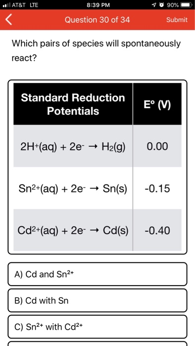Solved D) Sn with Cd2+E)Sn2+ with H+ | Chegg.com