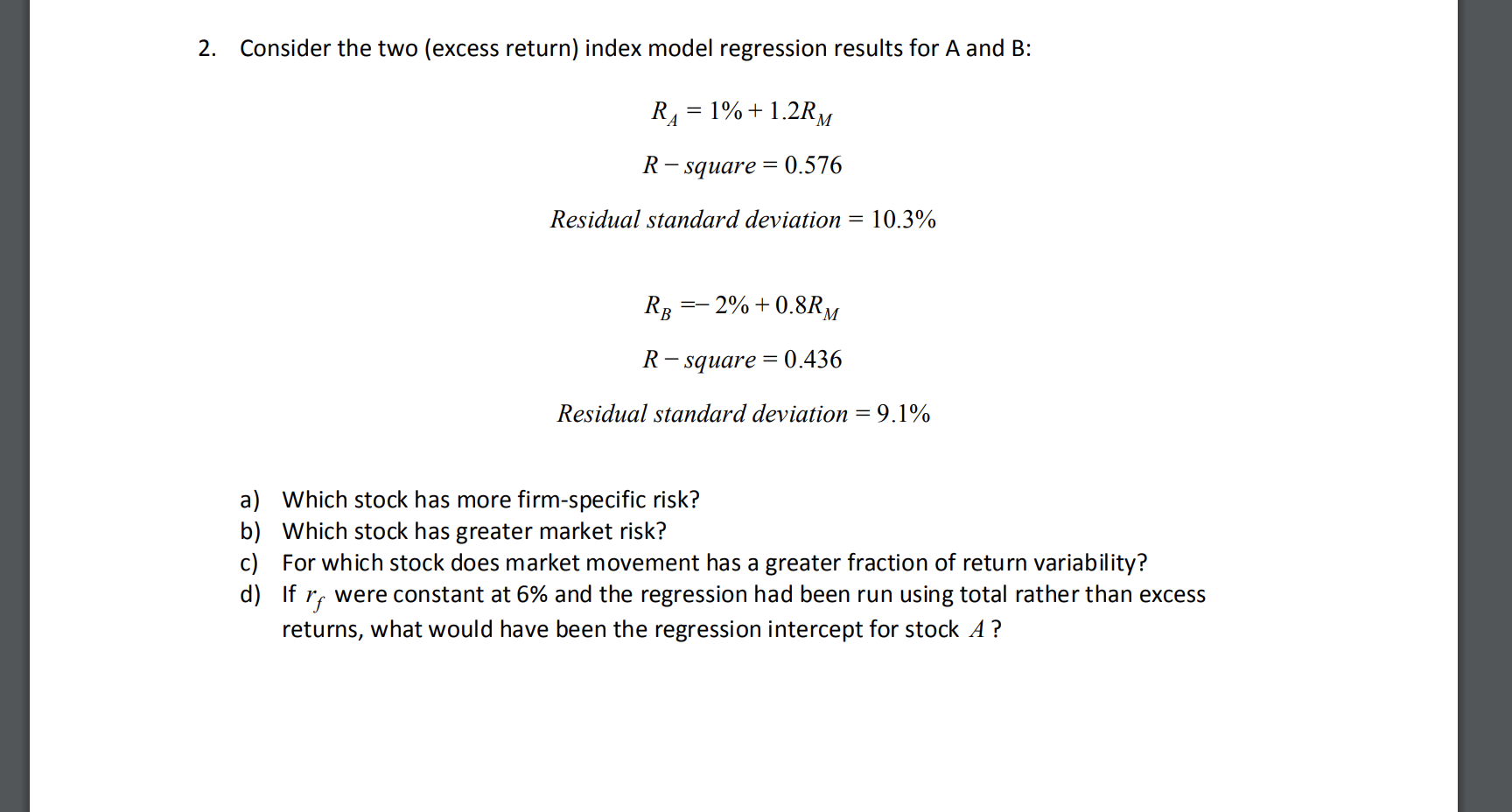 2. Consider the two (excess return) index model | Chegg.com