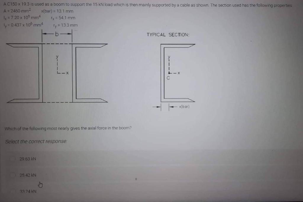 Solved A C150 x 19.3 is used as a boom to support the 15 kN | Chegg.com