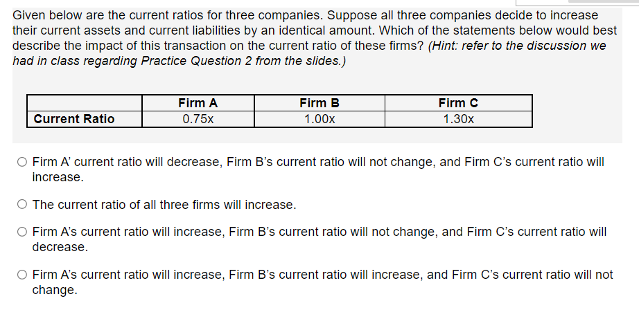 Solved Given below are the current ratios for three | Chegg.com