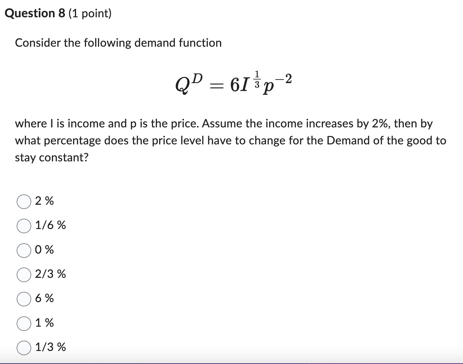 Solved Consider the following demand function QD=6I31p−2 | Chegg.com