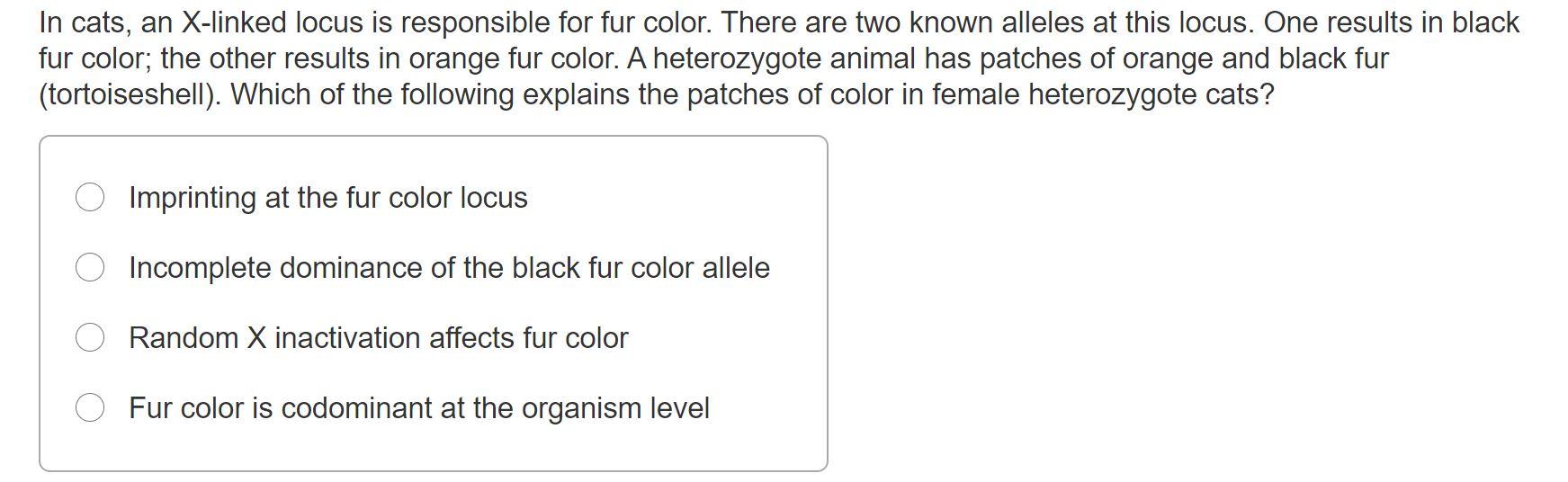 Solved In cats, an X-linked locus is responsible for fur | Chegg.com