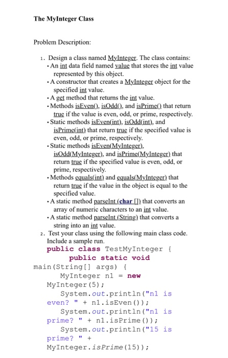 Solved The Mylnteger Class Problem Description 1 Design A