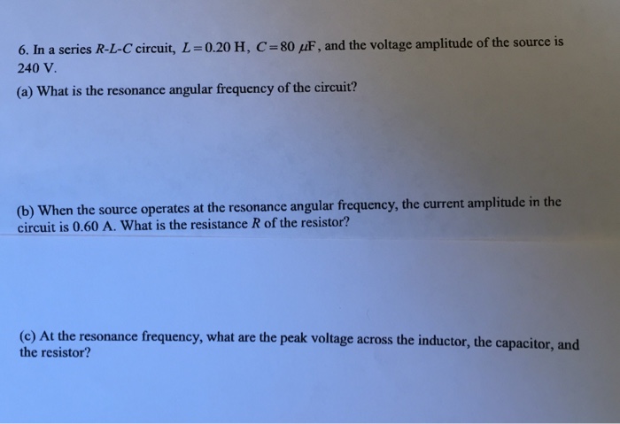 Solved In a series R-L-C circuit, L = 0.20 H, C = 80 mu F, | Chegg.com