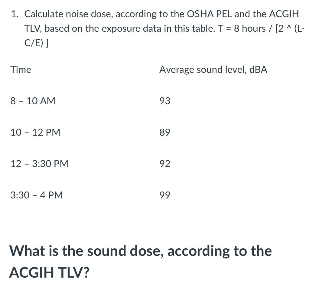 Solved 1. Calculate noise dose, according to the OSHA PEL | Chegg.com