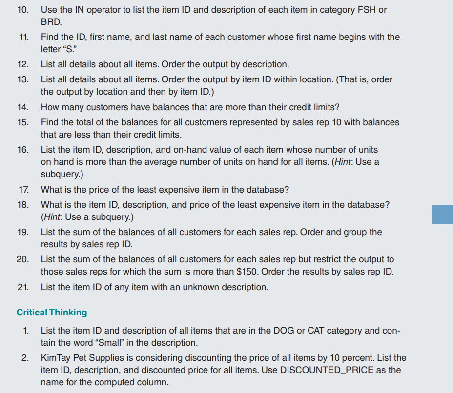 Solved Create SQL statements for the exercises for KimTay | Chegg.com