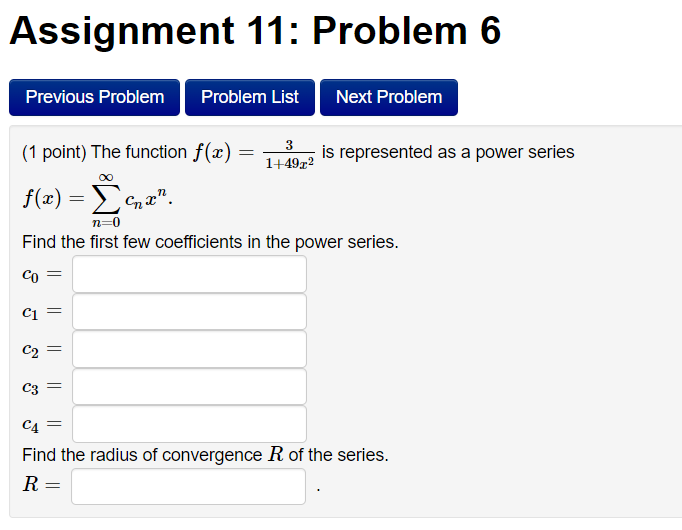 Solved Assignment 11: Problem 6 Previous Problem Problem | Chegg.com Solved Assignment 11: Problem 6 Previous Problem Problem | Chegg.com