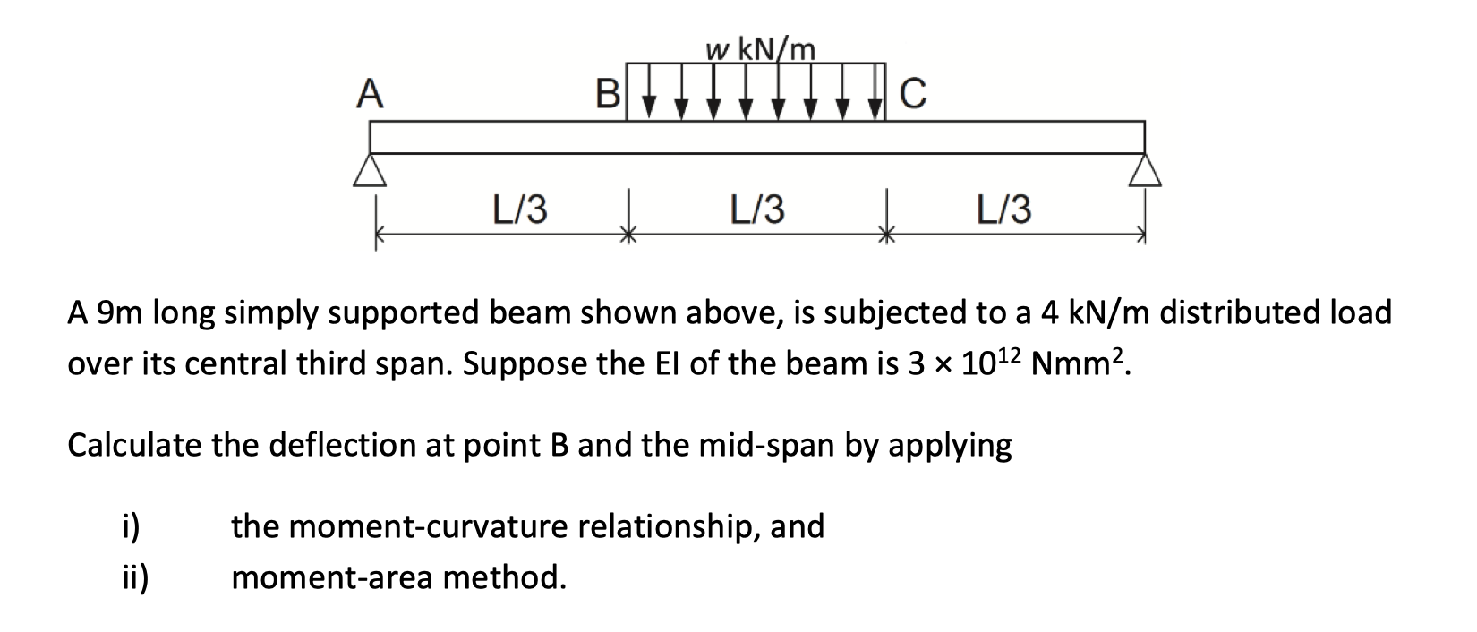 Solved w kN/m A ВІ C L/3 L/3 t L/3 A 9m long simply | Chegg.com