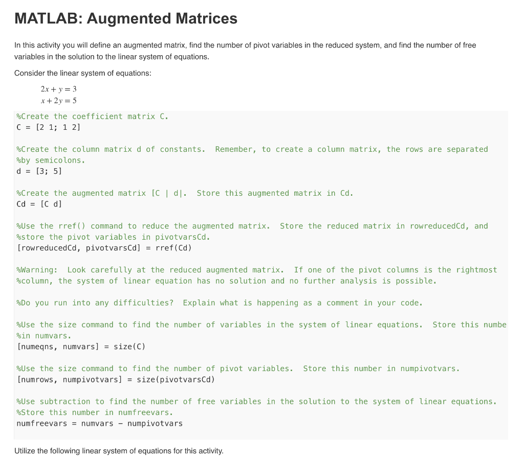 Utilize the following linear system of equations for | Chegg.com