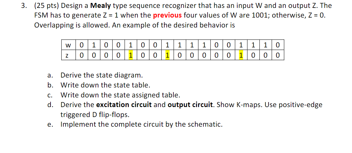 Solved 3. (25 pts) Design a Mealy type sequence recognizer | Chegg.com