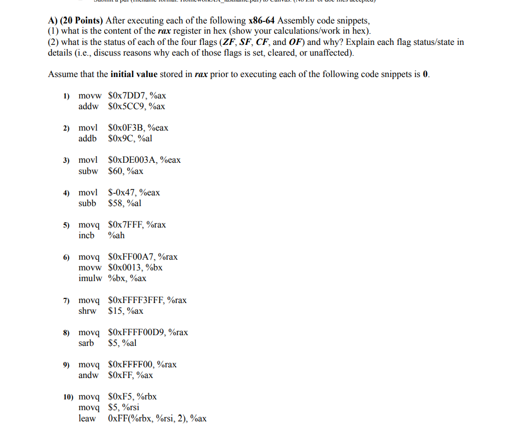 A) (20 Points) After executing each of the following | Chegg.com