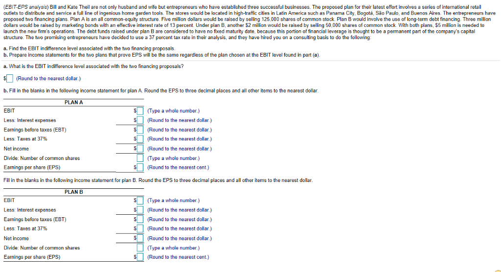 Solved (EBIT-EPS analysis) Bill and Kate Theil are not only | Chegg.com