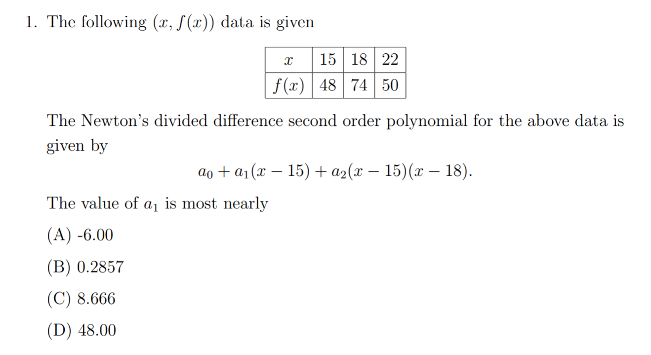 Solved 1. The following (x, f(x)) data is given х 15 18 22 | Chegg.com