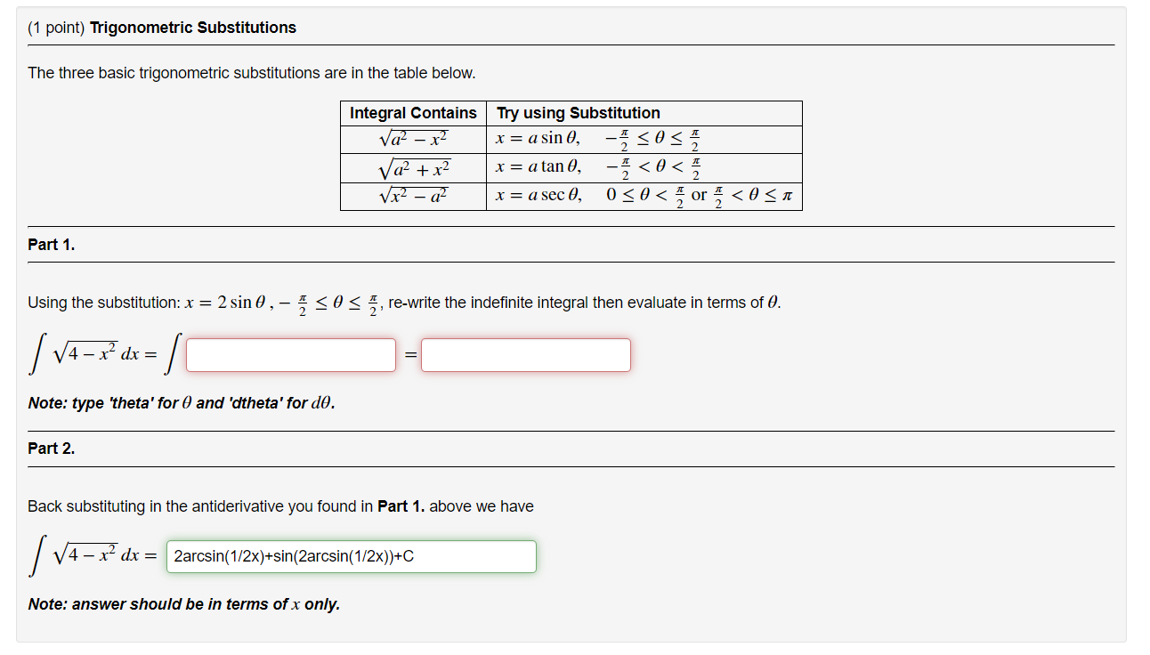 Solved 1 Point Trigonometric Substitutions The Three Basic