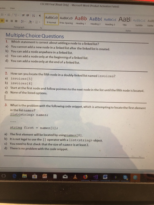 Solved CSC300 Final [Read-Only] ·Microsoft word (Product | Chegg.com