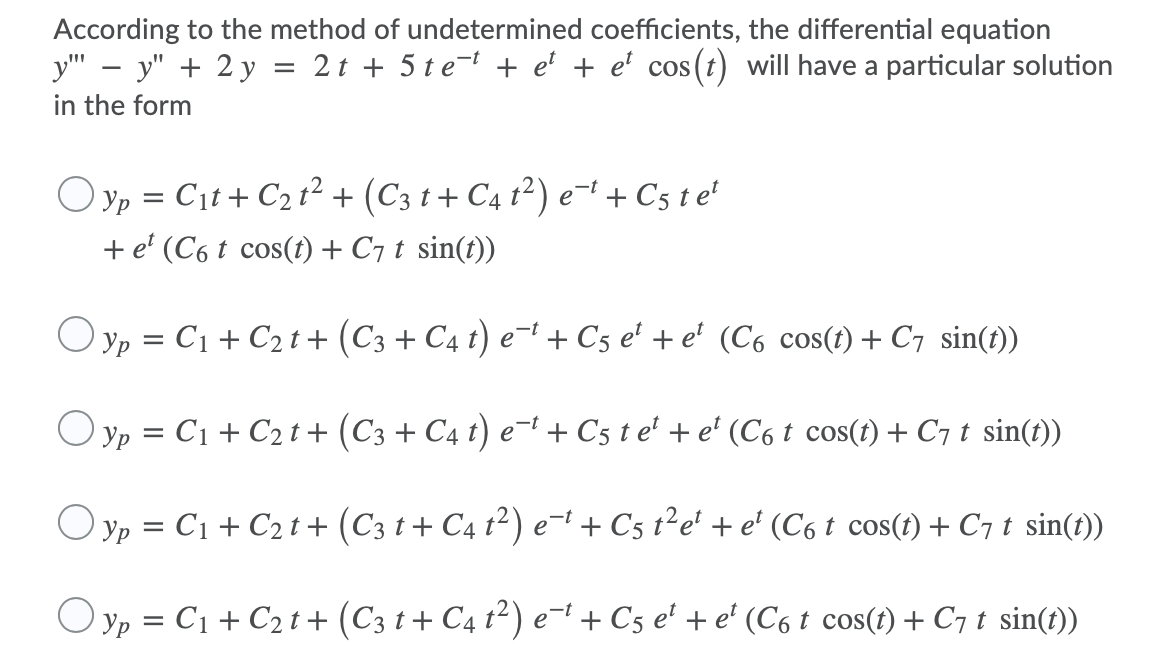 Solved According to the method of undetermined coefficients, | Chegg.com