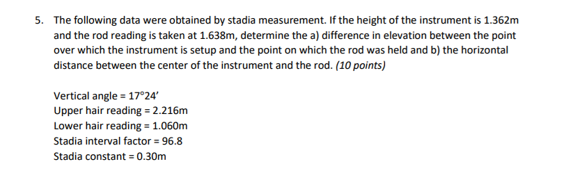 Solved 5. The following data were obtained by stadia | Chegg.com