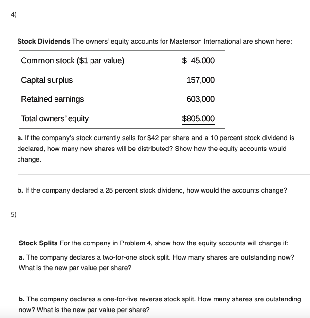 Solved 4) Stock Dividends The owners' equity accounts for | Chegg.com