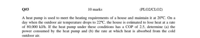 Solved Q#3 10 marks (PLO2/CLO2) A heat pump is used to meet | Chegg.com