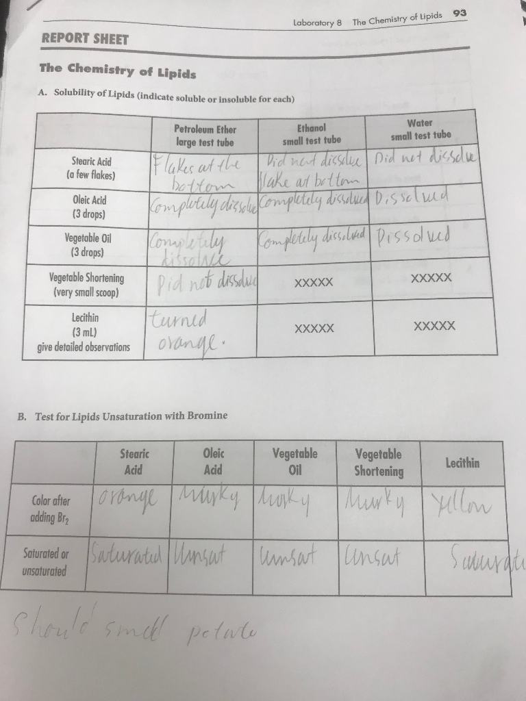 Solved 93 Laboratory 8 The Chemistry of Lipids REPORT SHEET | Chegg.com
