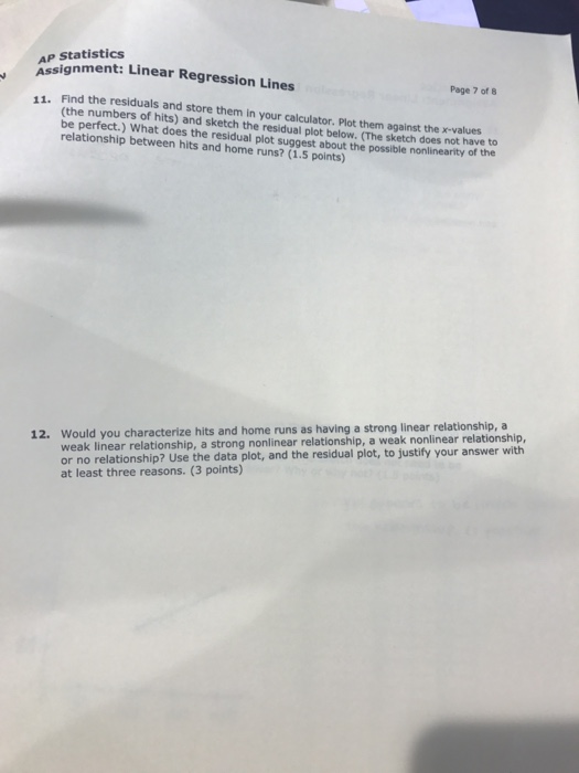 AP Statistics Regression Lines Assignment: Linear Use | Chegg.com
